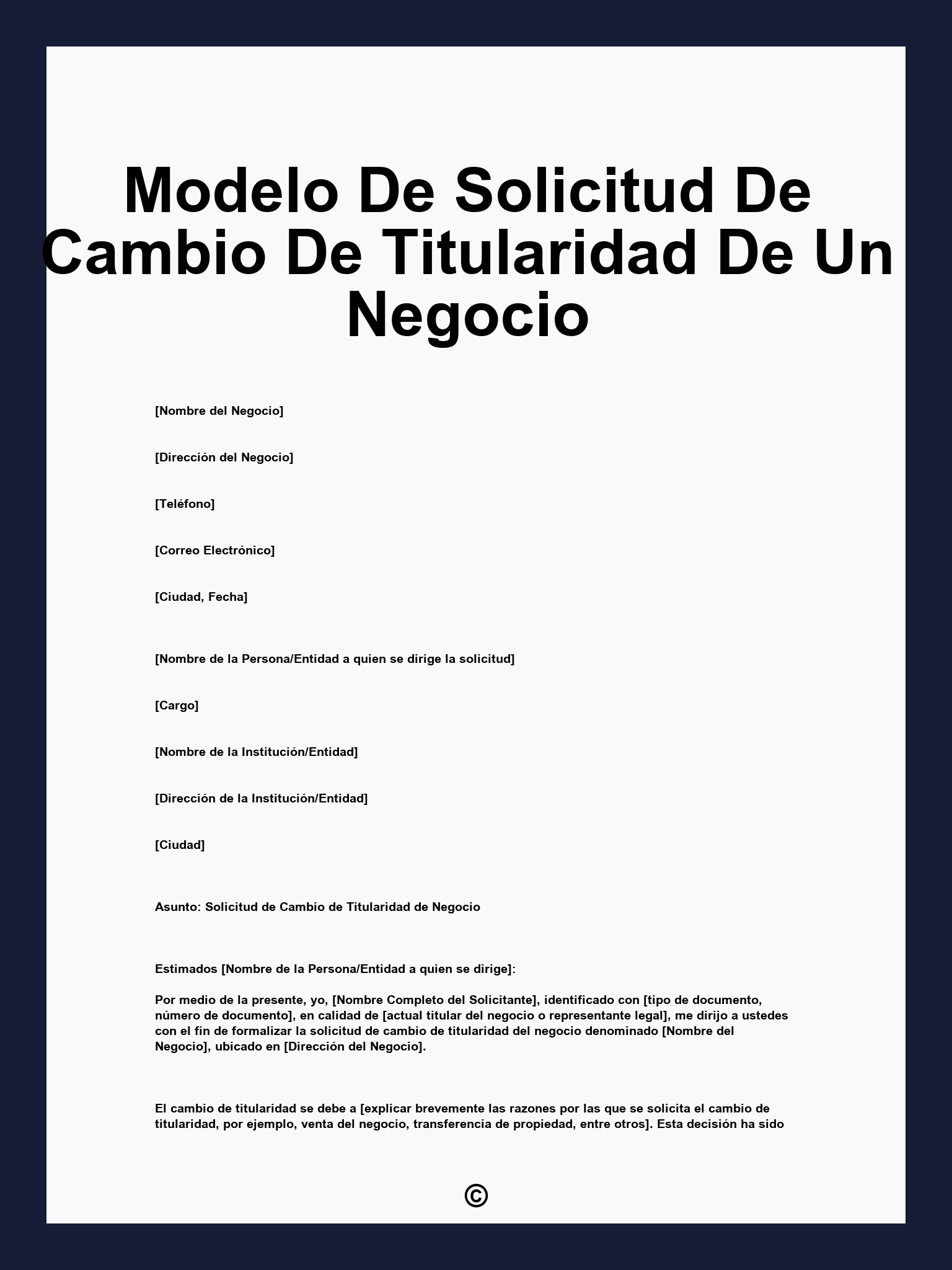 Modelo De Solicitud De Cambio De Titularidad De Un Negocio
